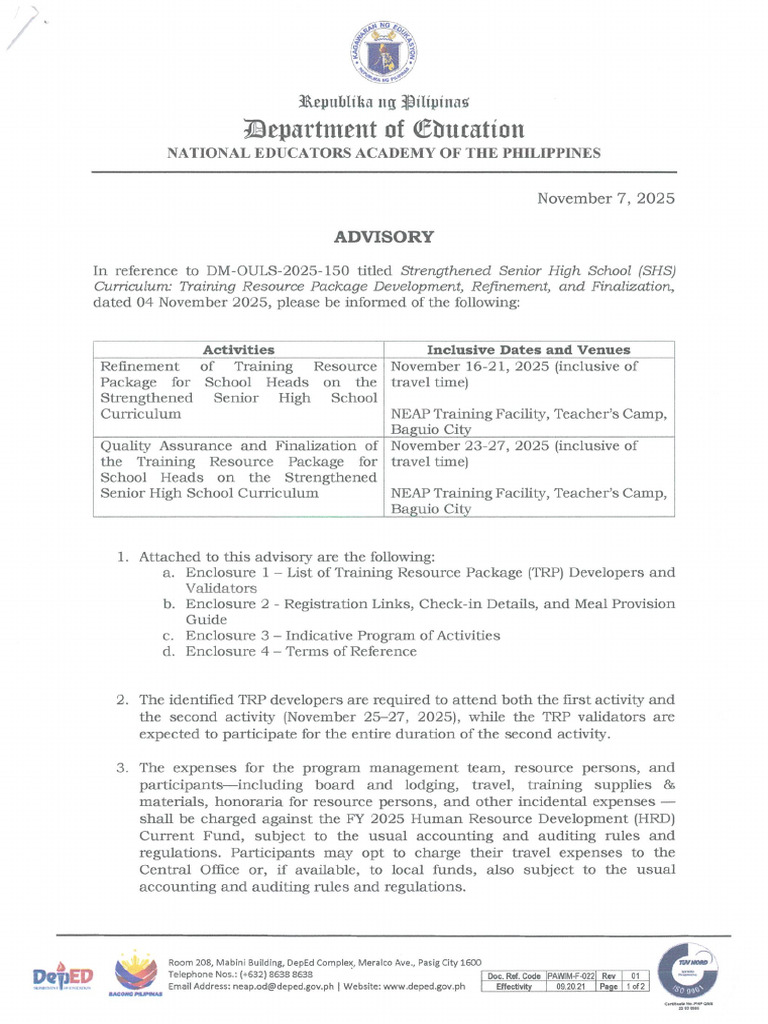 ADVISORY Schedule and Details for Strengthened SHS Curriculum Training ...