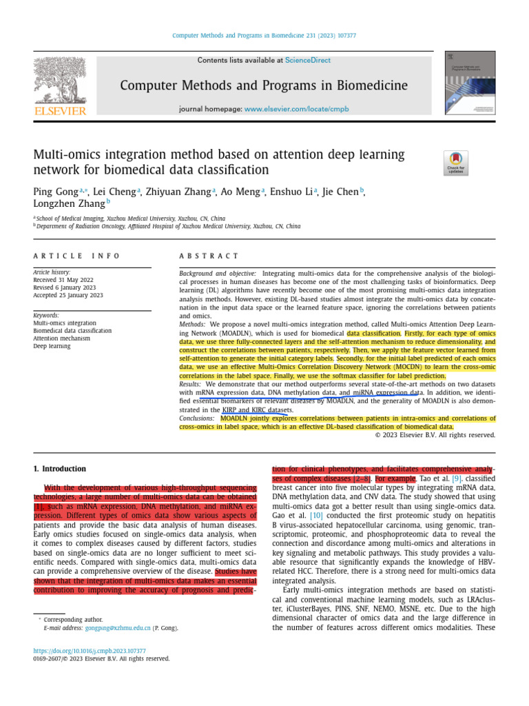 Multi-Omics Integration Method Based On Attention Deep Learning Network For Biomedical Data ...