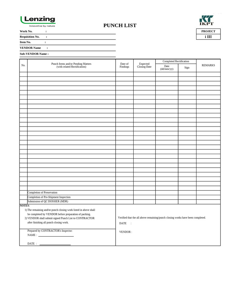 App_4_Form of Punch List | PDF