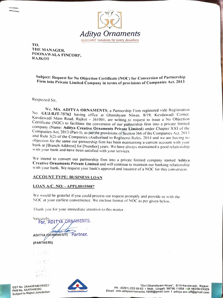 NOC Request for Firm Conversion to Pvt Ltd | PDF | Partnership ...