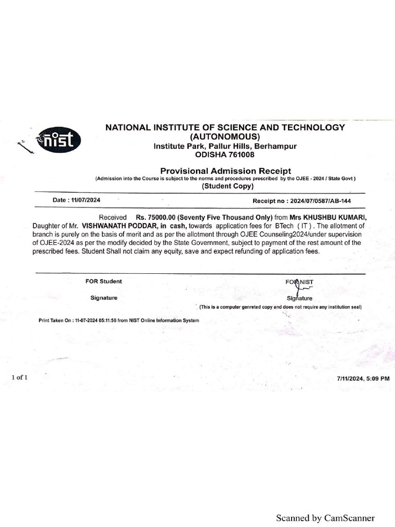 Khushbu Admission Receipt | PDF
