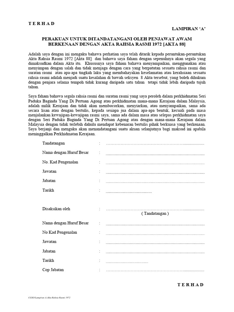 Borang Akta Rahsia Rasmi 1972 | PDF