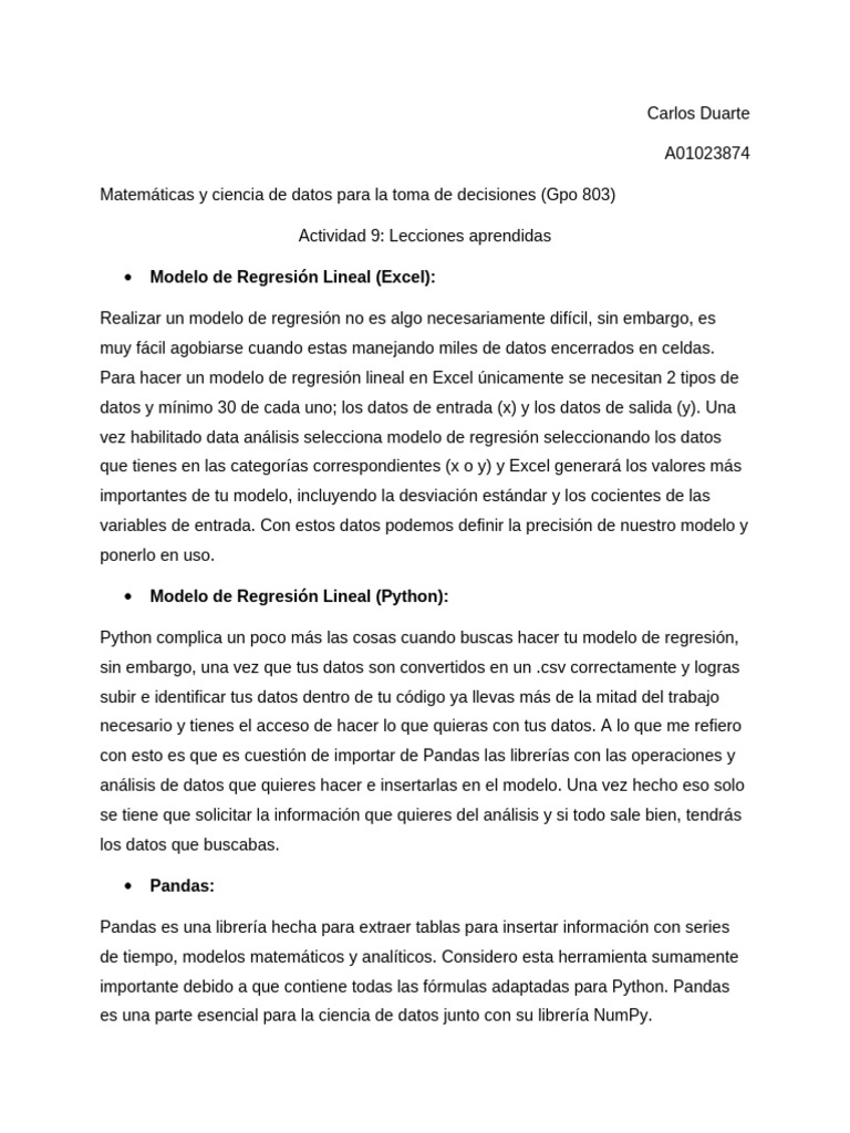 Reflexión Final | PDF | Análisis de regresión | Python (lenguaje de ...