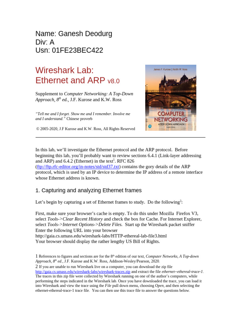 Ethernet and ARP Wireshark Lab Guide | PDF | Computer Network ...