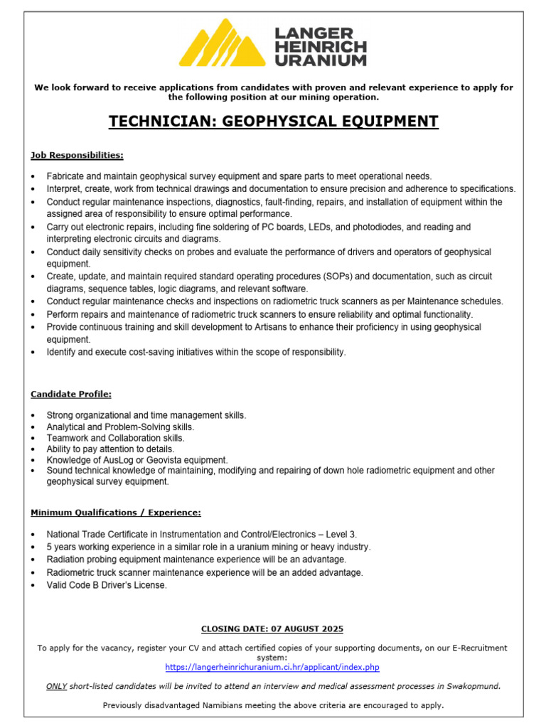 2025 07 25 - Internal External Job Advertisement Technician Geophysical ...