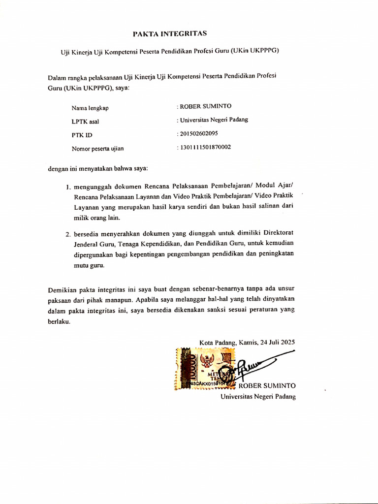 Pakta Integritas Rober Suminto | PDF