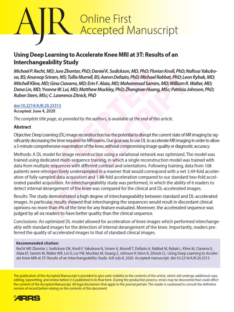 Deep Learning Accelerates Knee MRI | PDF | Medical Imaging | Magnetic ...