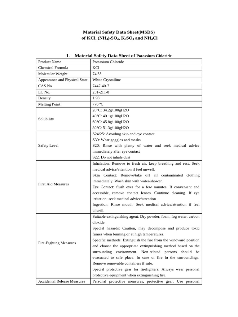 Potassium Chloride MSDS Overview | PDF | Personal Protective Equipment ...