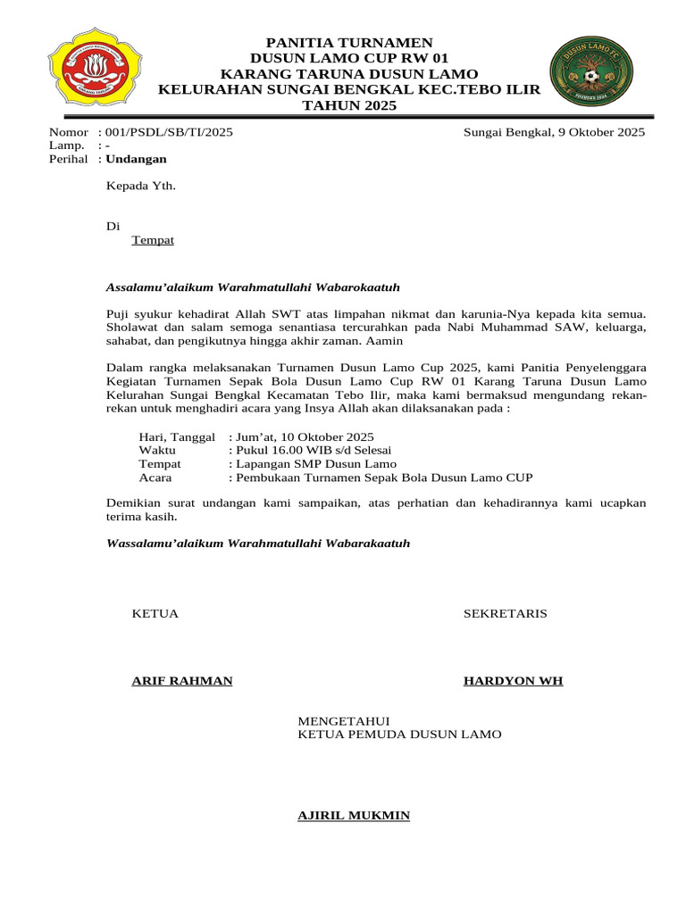 Surat Undangan Pembukaan Turnamen Sepak Bola | PDF