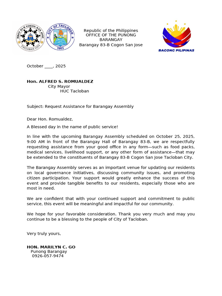 Request for Barangay Assembly Support | PDF