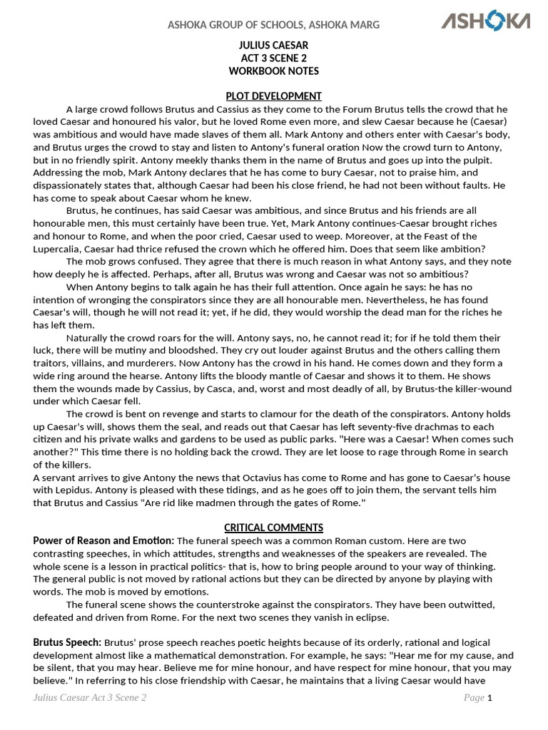 Julius Caesar Act 3 Scene 2 Workbook Notes | PDF | Mark Antony | Julius ...
