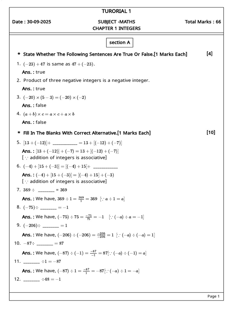 Maths CH 1 Tutorial 1 - Solution | PDF | Mathematics