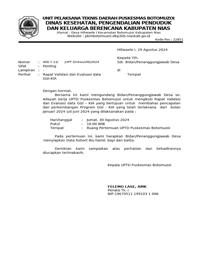 Surat Undangan Gizi-KIA | PDF