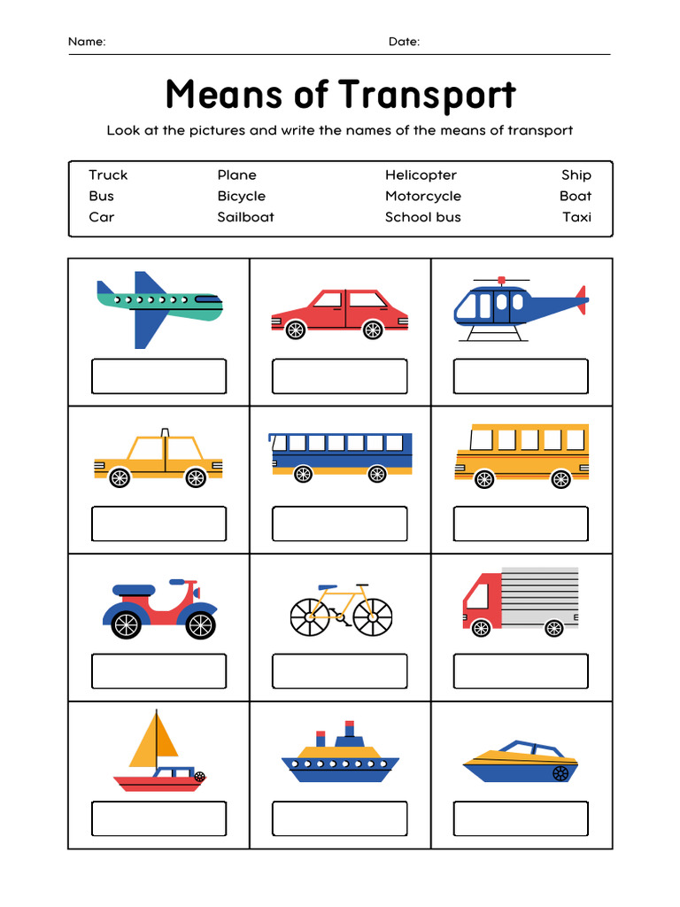Means of Transport Vocabulary Worksheet in Colorful Illustrative Style ...