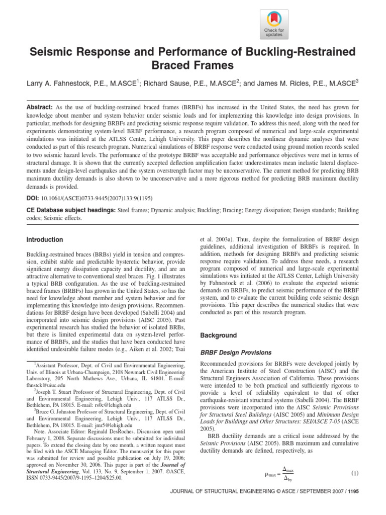 Seismic Performance of Buckling-Restrained Frames | PDF | Applied And ...