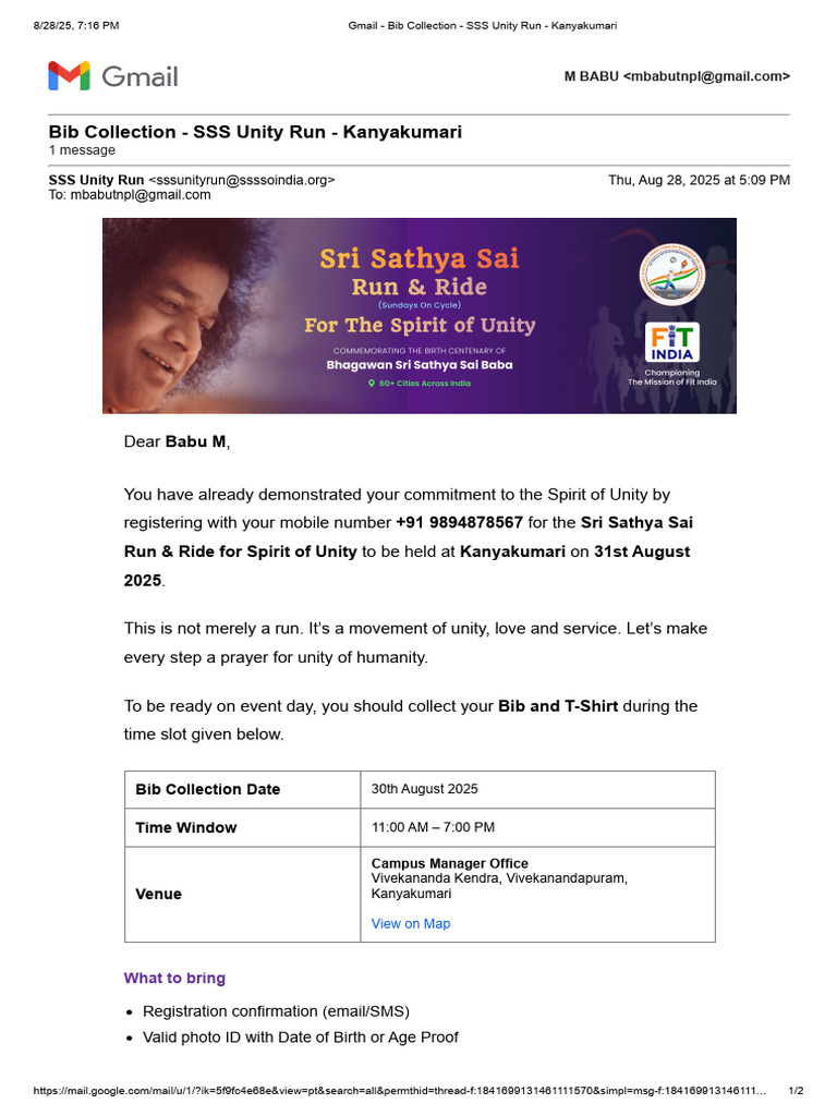 Bib Collection Details for SSS Unity Run | PDF