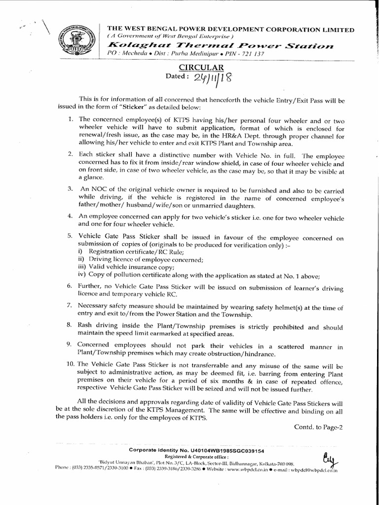 Circular Regarding Vehicle Entry or Exit in Plant & Township | PDF