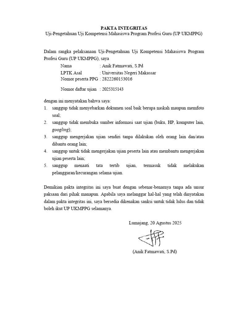 Pakta Integritas Uji Pengetahuan (1) | PDF