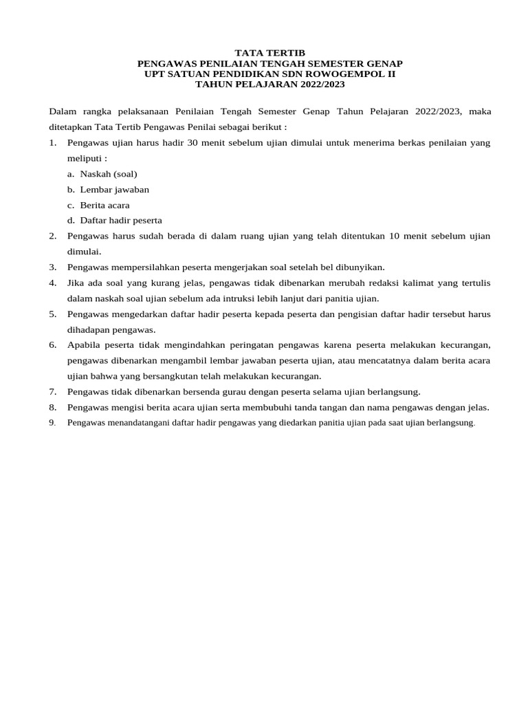 Tata Tertib Pengawas Pts | PDF
