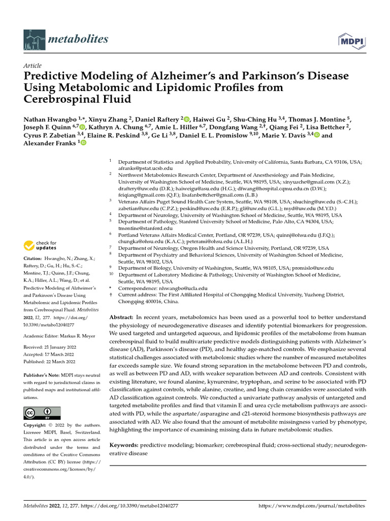Predictive Modeling of Alzheimer's and Parkinson's Disease Using ...
