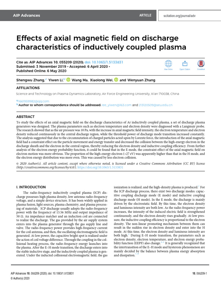 Effects of Axial Magnetic Field On Discharge Chara | PDF | Plasma ...