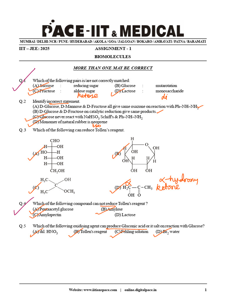 IIT JEE 2025 Biomolecules Assignment | PDF | Glucose | Carbohydrates