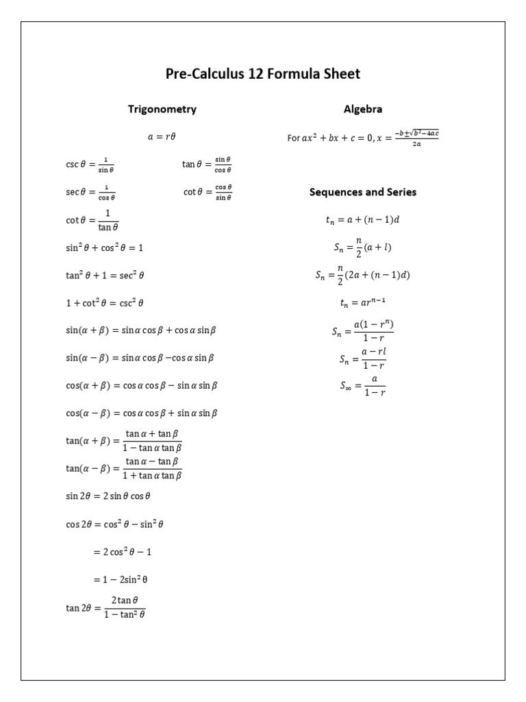Pre-Calculus 12 Formula Sheet | PDF | Triangle Geometry | Euclid