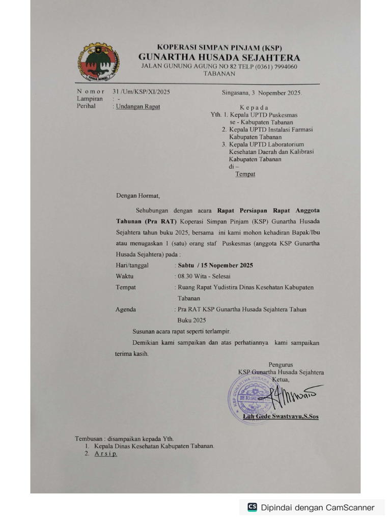 Undangan Pra Rat KSP Gunartha Husada Sejahtera TB 2025 | PDF