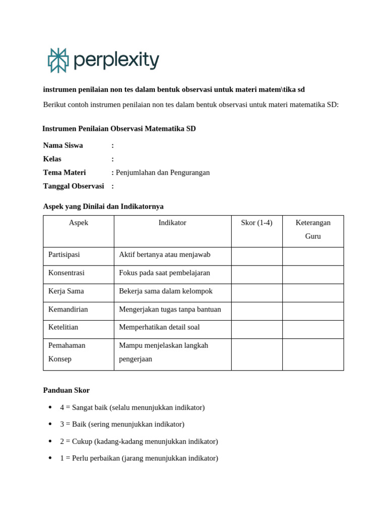 Instrumen Penilaian Non Tes Dalam Bentuk Observas | PDF