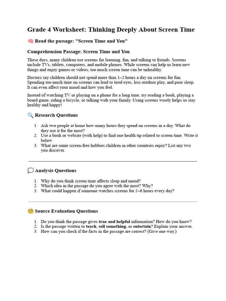 Grade 4 Screen Time Awareness Worksheet | PDF