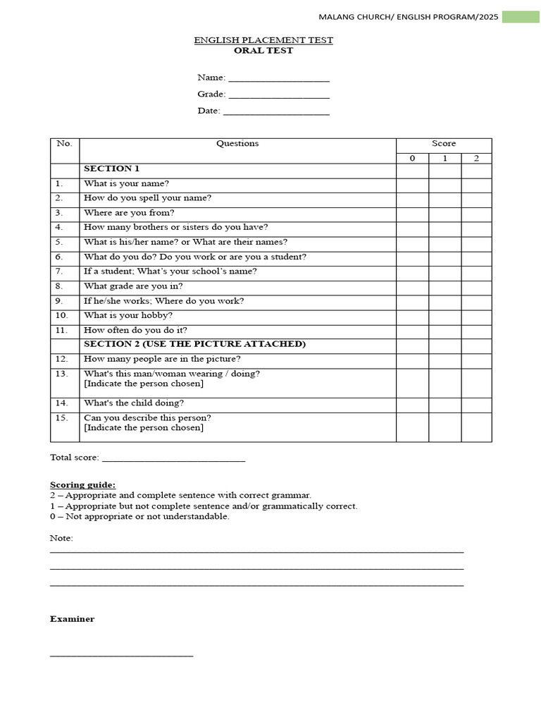 Oral English Placement Test | PDF