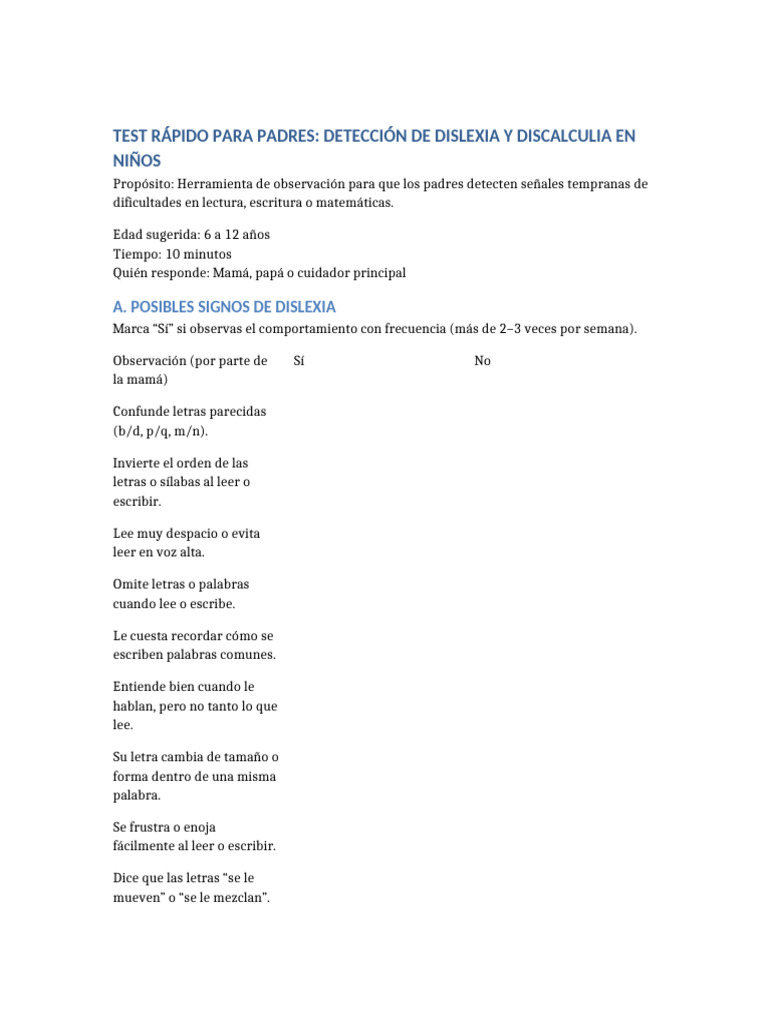 Test Dislexia Discalculia Padres | PDF