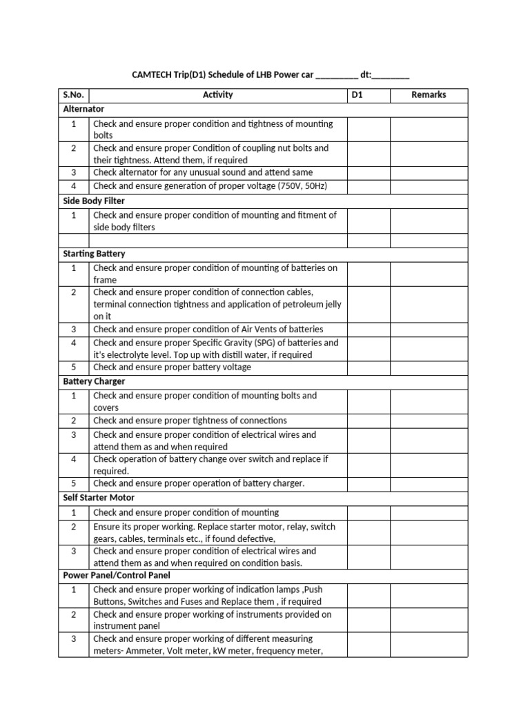 LHB Power Car Maintenance Checklist | PDF | Lubricant | Relay