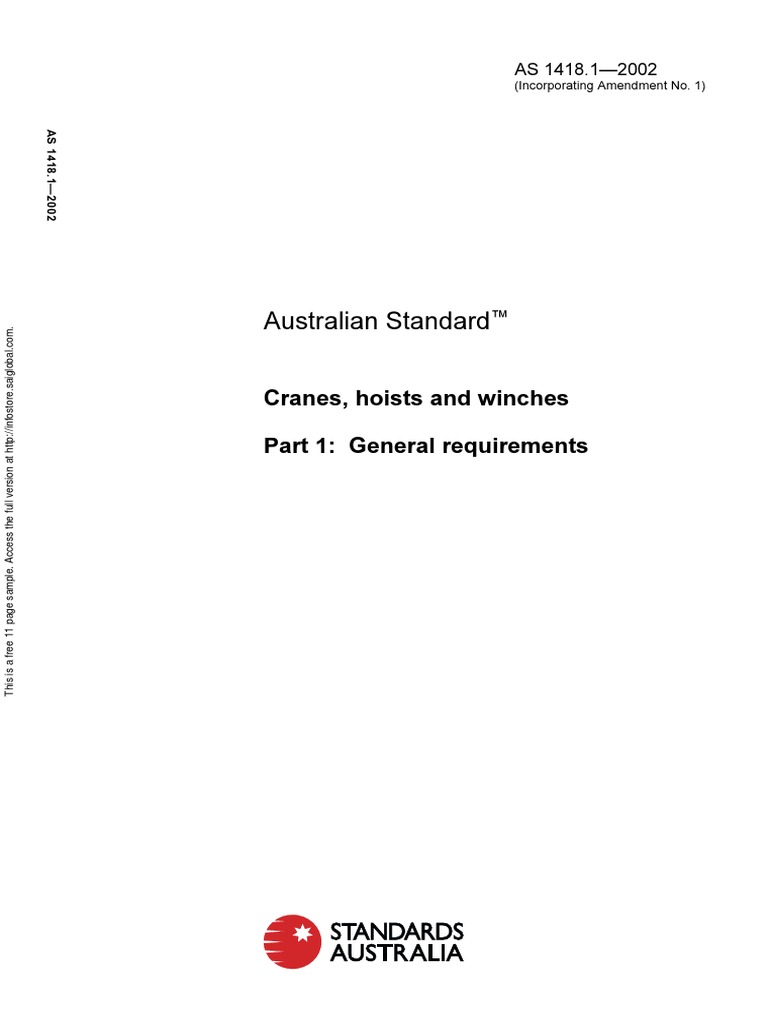 As 1418.1-2002 Cranes Hoists and Winches General Requirements | PDF ...