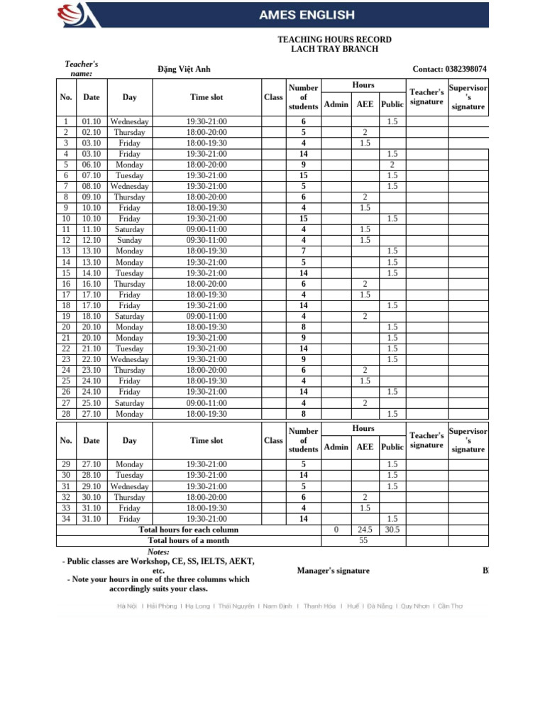 Teaching Hours Record for Lach Tray Branch | PDF