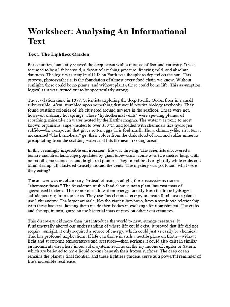 Worksheet - Analysing An Informational Text | PDF | Hydrothermal Vent ...