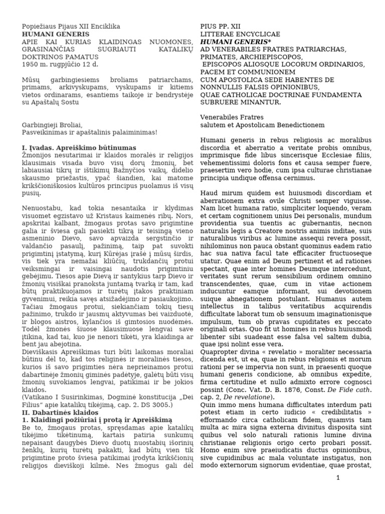 Pijaus XII Enciklika HUMANI GENERIS" | PDF