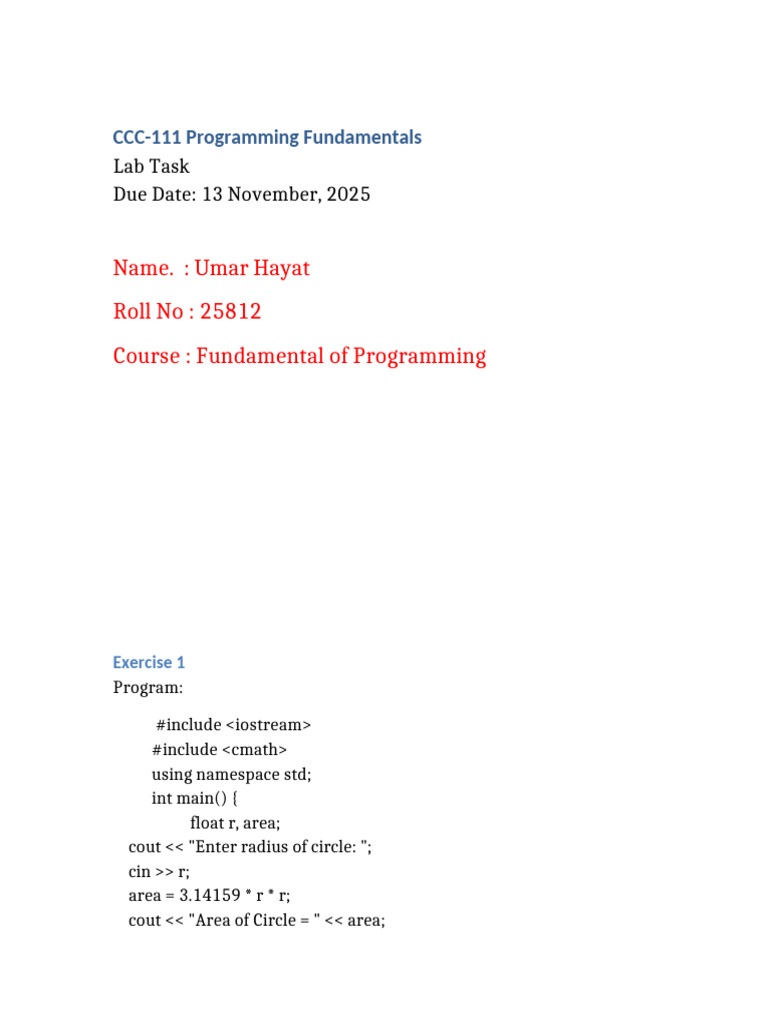 Programming Fundamentals Lab Task | PDF | Namespace | Computer Programming