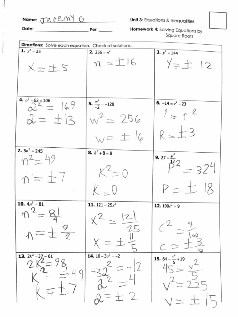 Unit 3 Homework 4 Solving Equations by Square Roots | PDF
