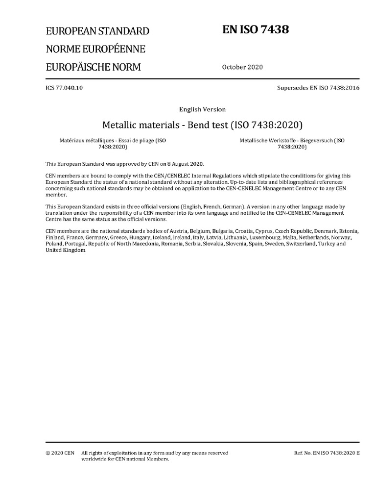 Metallic Materials - Bend Test (ISO 7438:2020) | PDF