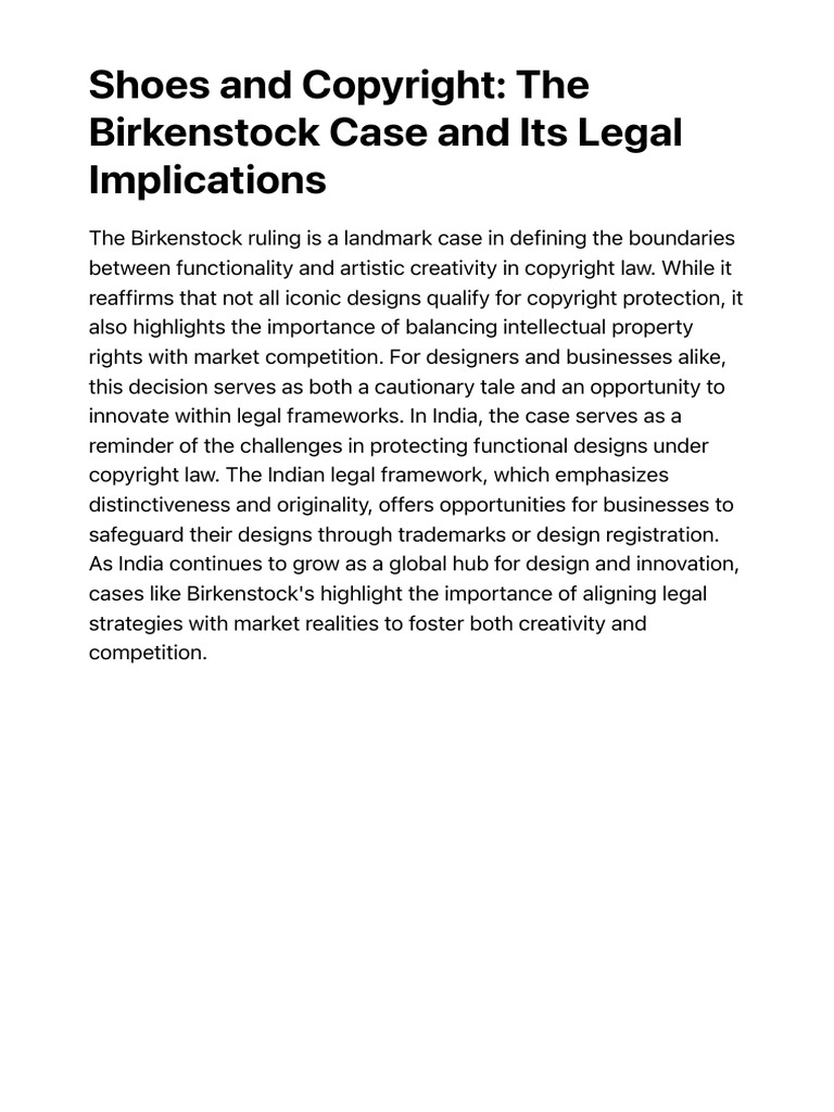 Shoes and Copyright - The Birkenstock Case and Its Legal Implications | PDF