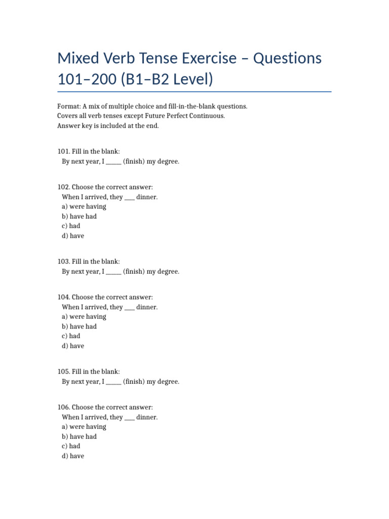 Mixed Verb Tense Exercises 101-200 | PDF | Perfect (Grammar) | Language ...