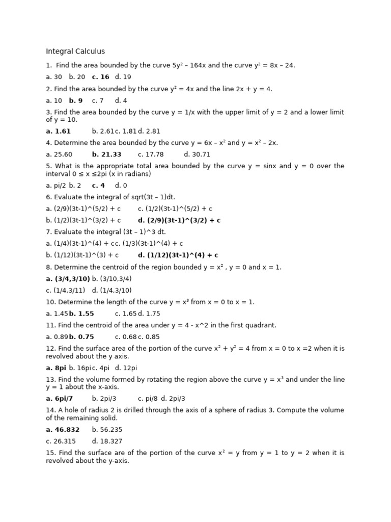 Integral Calculus Area and Volume Problems | PDF | Area | Cartesian ...