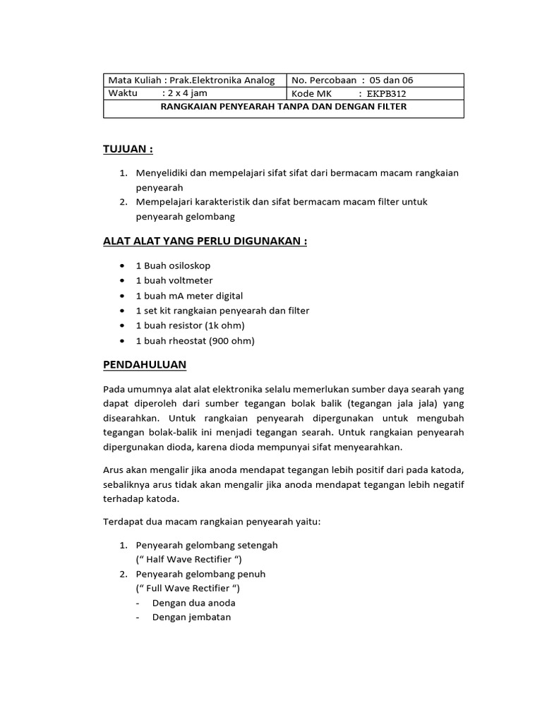 Rangkaian Penyearah dan Filter Elektronik | PDF