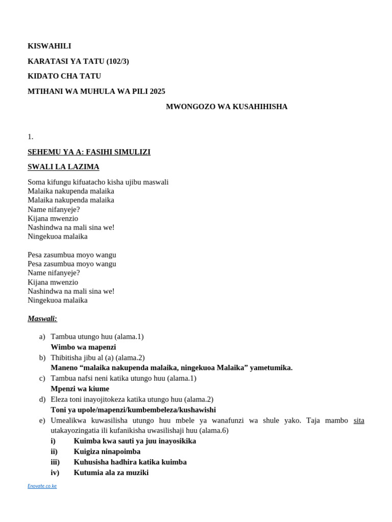 Kiswahili Form 3 Paper 3 MS | PDF