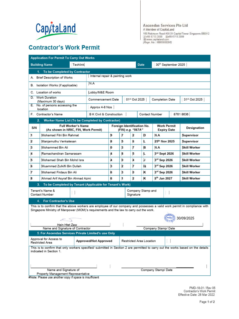 Contractor Work Permit Application Form | PDF