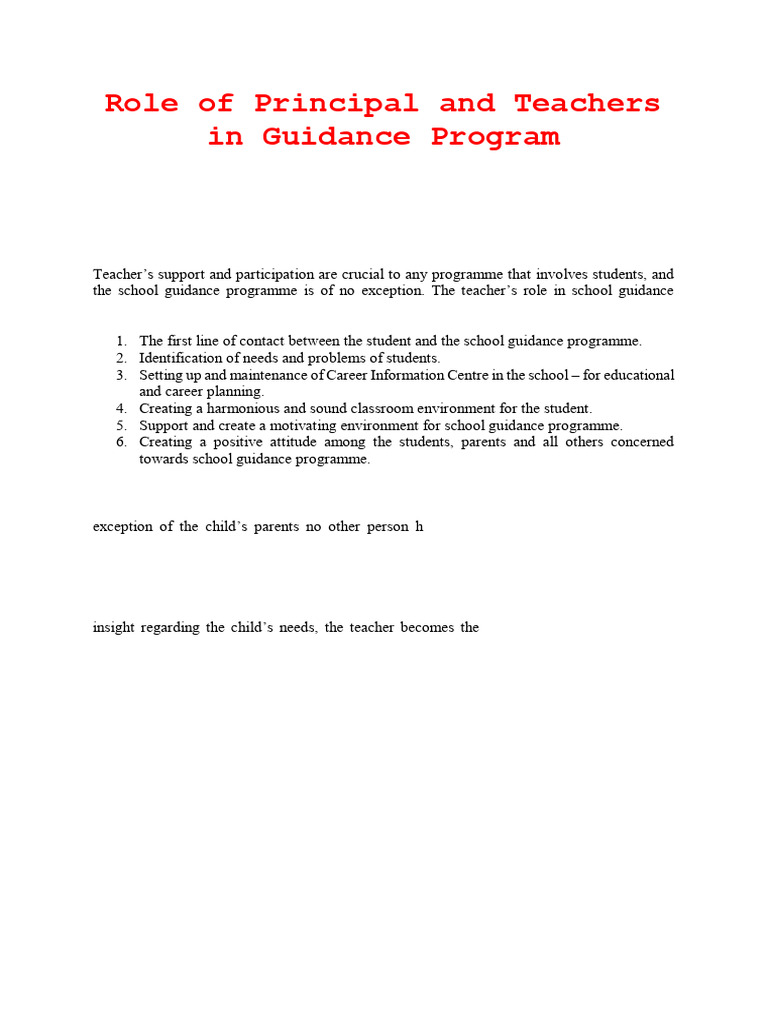 Role of Principal and Teachers in Guidance Program | PDF | School ...