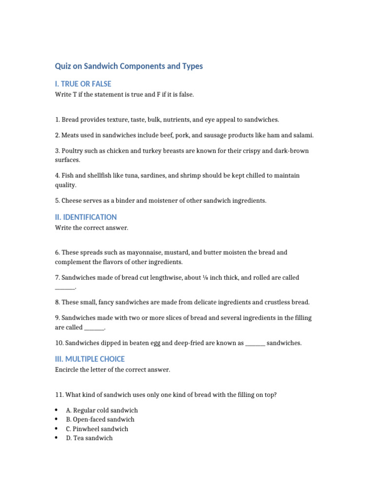Sandwich Types and Components Quiz | PDF | Sandwich | Breads