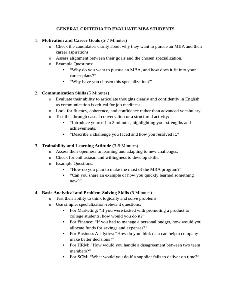 General Criteria To Evaluate Mba Students | PDF | Behavior Modification | Cognitive Science