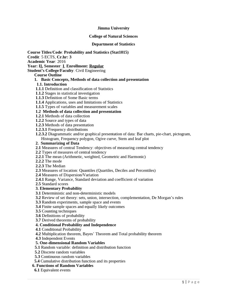 Probability and Statistics Course Outline | PDF | Probability ...